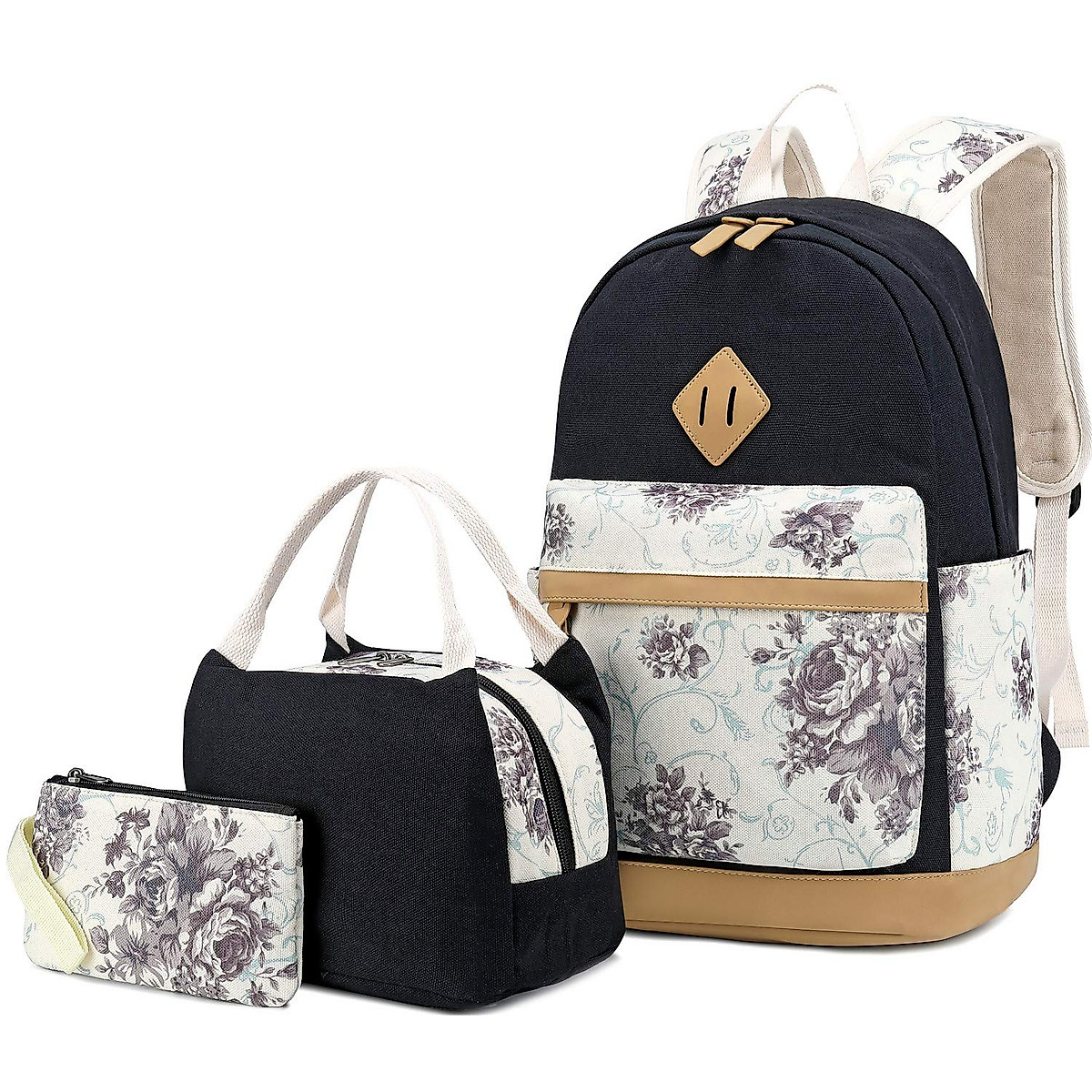 Bluboon School Backpack Set 3 Pieces Lightweight Canvas Teen Girls Bookbags Lunch Box Pencil Case (Black-flower)