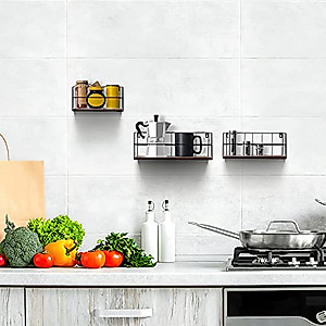 HORLIMER Floating Wall Shelves Set of 3, Rustic Wood Wire Frame Hanging Shelf for Bathroom Bedroom Living Room Kitchen