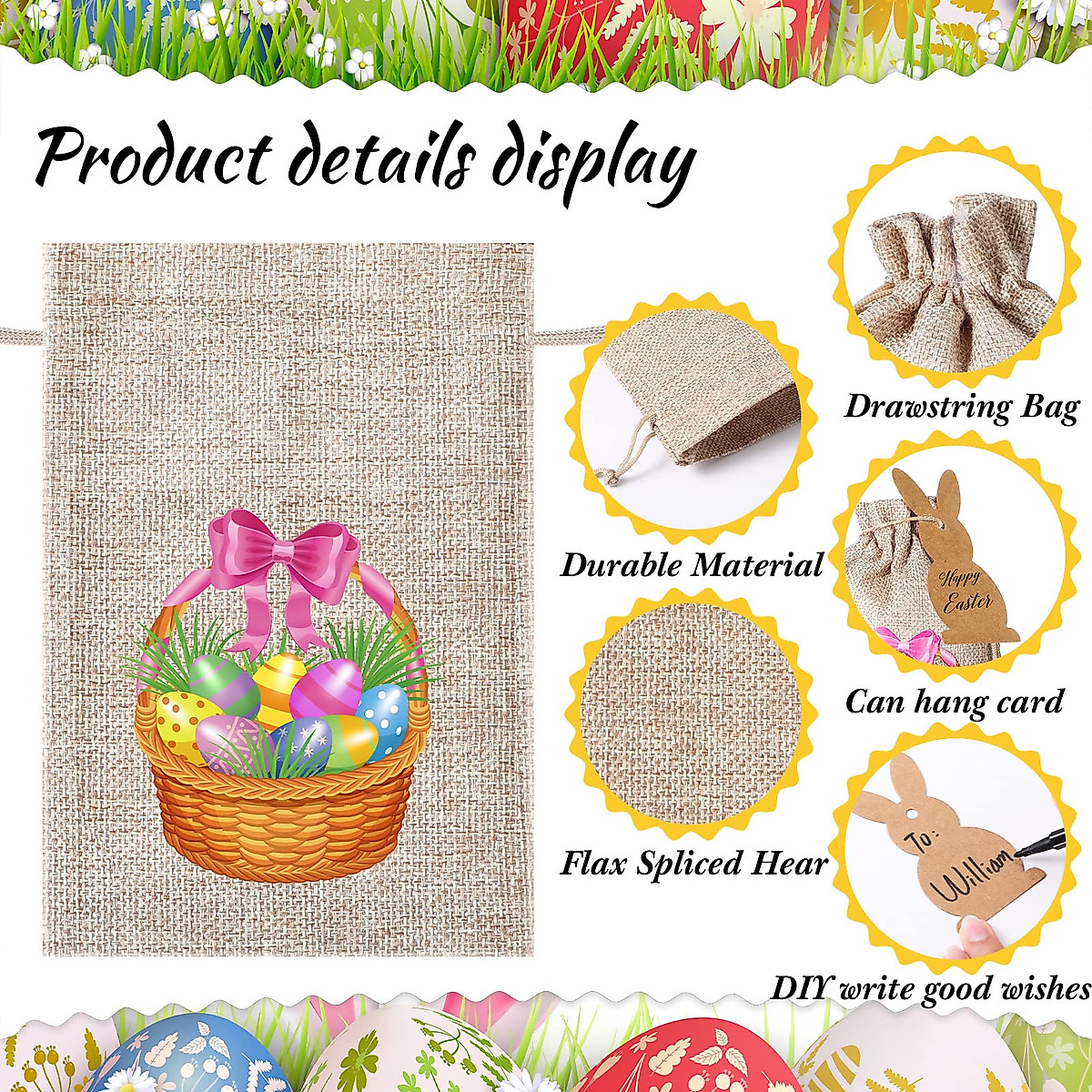 24 Pcs Easter Burlap Drawstring Bags Easter Burlap Bags with Drawstrings Bunny Linen Goody Gift Bags with Double Jute Drawstrings Easter Bags Burlap Easter Bunny Bags for Easter Party (Bright Style)