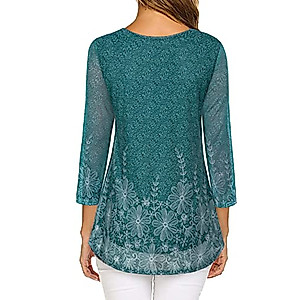 Timeson Womens Tunic Top,Long Tops to Wear with Leggings Womens 3/4 Sleeve Tops and Blouses Spring Fall Business Casual Fancy Shirts for Work Ladies Blouses Dressy Loose Fit Peasant Cyan Floral XL