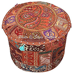 Stylo Culture Indian Pouffe Ottoman Cover Round Patchwork Embroidered Pouf Brown Cotton Floral Traditional Furniture Footstool Seat Puff (22x22x14) Bean Bag Home Decor