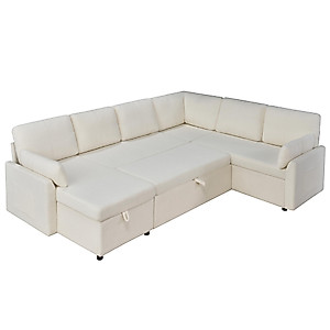 VanAcc Sleeper Sofa, 112 Inch Pull Out Sofa Bed with Storage Chaise & 3 Seater, Oversized U Shape Sectional Couch with Pull Out Bed, White Boucle Couch