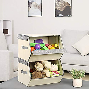 SONGMICS Stackable Storage Bins, Fabric Storage Boxes with Lids, Stackable Storage Cubes with Magnetic Closures, a Semi-Open Front, Lid Can Stay Open after Stacked up, Set of 2, Gray URLB02GE