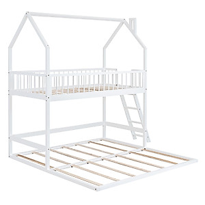 HABUHOME Twin Over Twin House Bunk Bed with Extending Trundle and Ladder, Wooden Bunk Bed Frame for Kids Teens Girls Boys - White