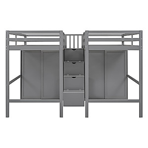 Double Loft Beds with Stairs and 2 Wardrobes, Twin Size Wood Loft Bed Frame with Large Storage Staircase and Closet for Two Kids Girls Boys Teens, No Box Spring Needed, Gray