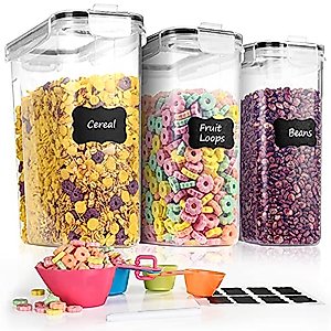 3 Pk Cereal Containers Storage Set 135.2oz/4L Each, Airtight Food Storage Containers, Large Cereal Dispenser, Kitchen Pantry Organization Containers, with Labels and Measuring Spoons