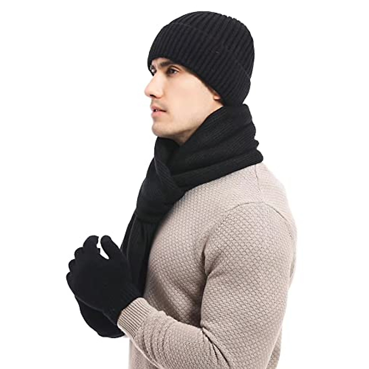 Maleroads Mens Beanie Scarf Gloves Set Knit Winter Fleece Lining Thick Hat Shawl For Women