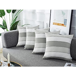 AmHoo Pack of 2 Farmhouse Stripe Check Throw Pillow Covers Set Case Cotton Linen Decorative Pillowcases Cushion Cover for Couch Bench Sofa 20x20Inch Light Grey Beige
