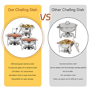BriSunshine 3 Packs Round Chafing Dish Buffet Set, 4 QT Stainless Steel Chafing Dishes with Glass Lid & Lid Holder, Catering Food Warmers for Parties Buffet Weddings Events