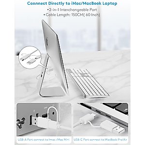 All-Aluminum Wired Keyboard for Apple Mac OS,Plug-n-Play Cable Connection in USB-A+C Port,Full Size USB Keyboard with Numeric Keypad for iMac/Mac Mini or MacBook Pro/Air Laptop