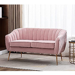 Artechworks Contemporary Tufted Velvet Tub Barrel Loveseat Sofa Chair Upholstered Couch with Golden Metal Legs Club Two-Seat Sofa for Living Reading Room Bedroom Apartment Small Space Dorm, Pink