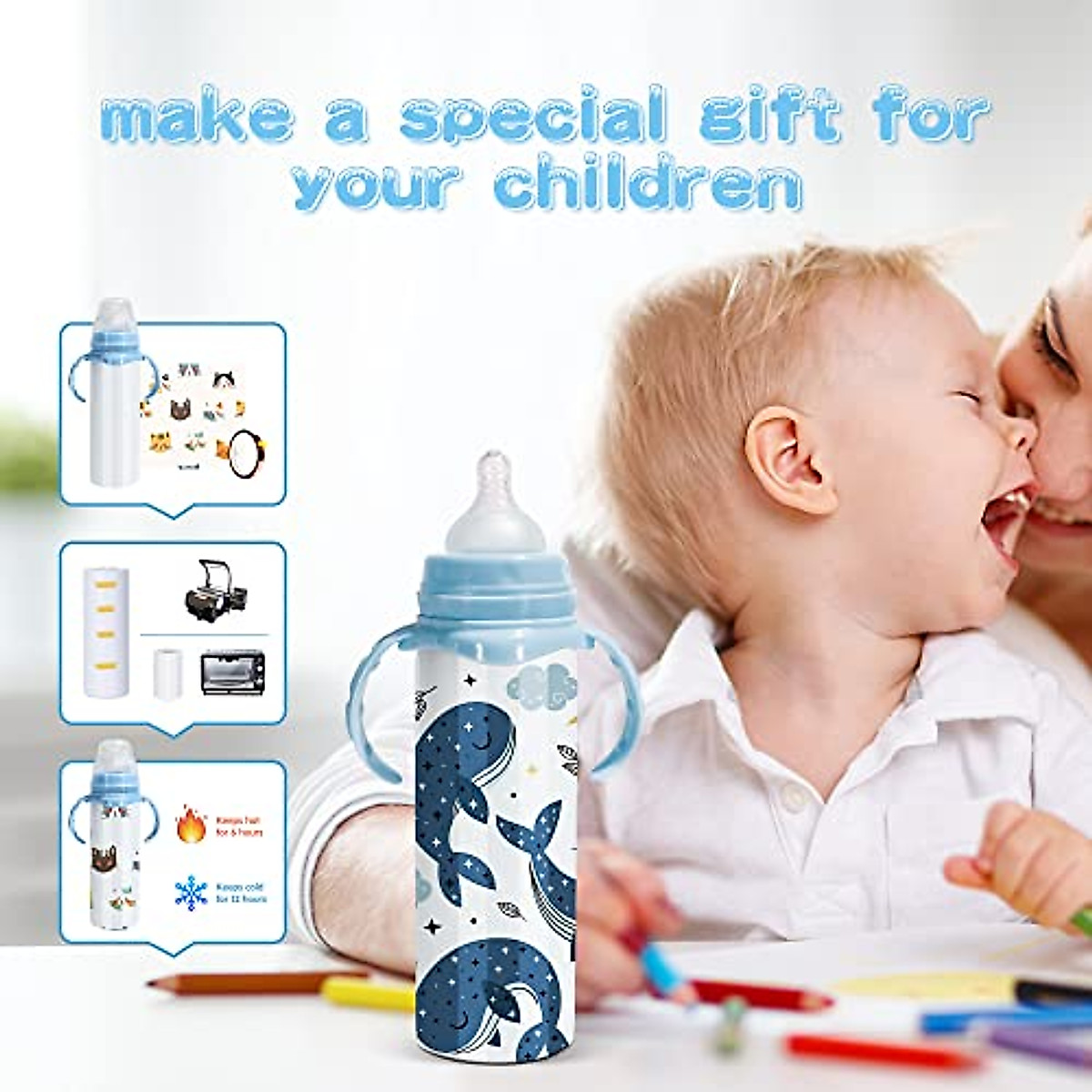 AGH 8OZ Sublimation Sippy Cups with Blue Handle, 4 Pack Sublimation Blank Kids Stainless Steel Tumblers Anti-drop Baby Bottle Stainless Steel Insulated Toddler Water Cups