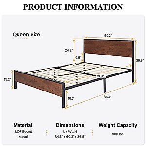 SHA CERLIN Queen Bed Frame with Headboard, Heavy Duty Platform Bed with Under-Bed Storage, Solid Wood Slats & Metal Construction, No Box Spring Needed, Easy Assembly, Saddle Brown