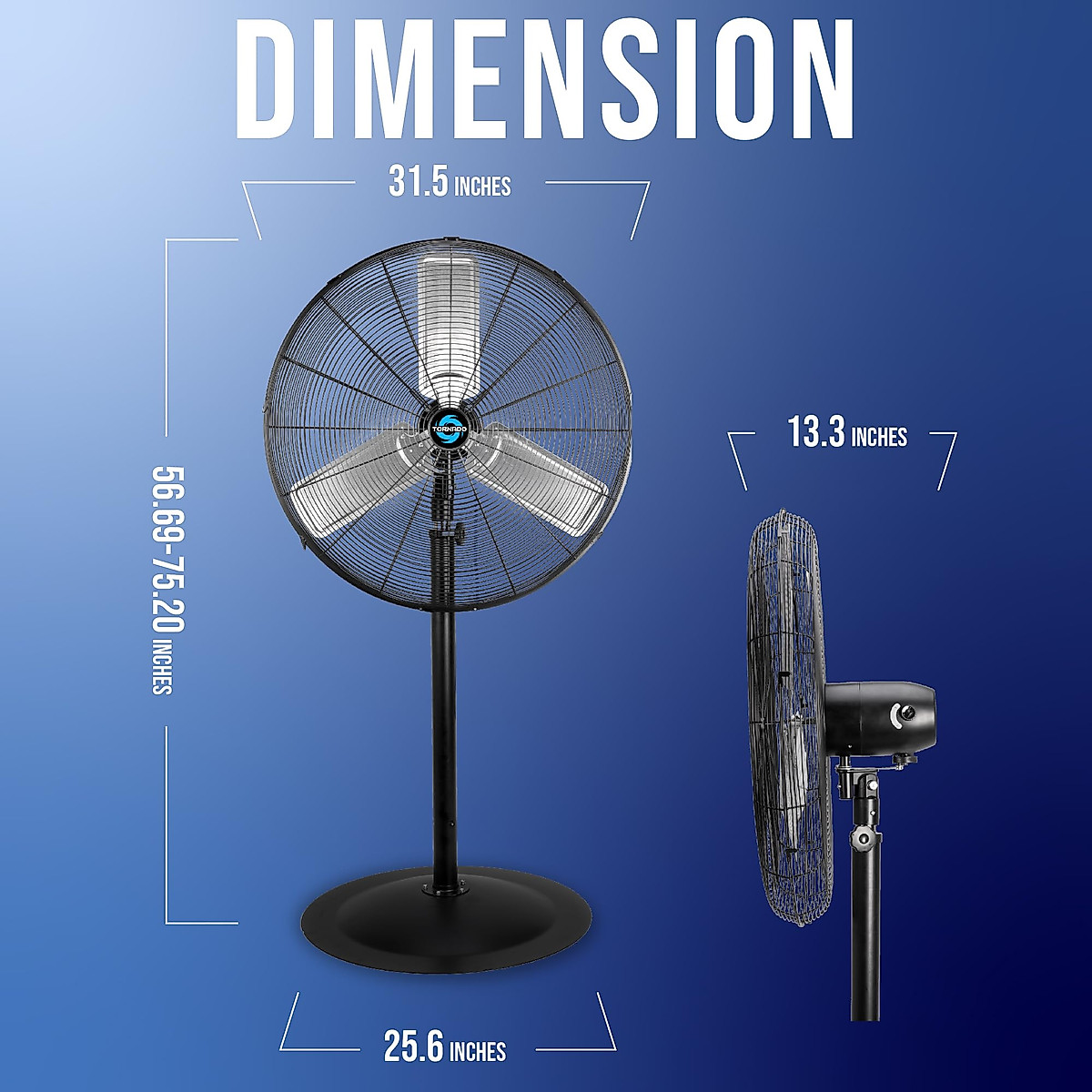 Tornado Commercial Industrial 3 Aluminum Blade Stationary Pedestal Fan, 30 Inch, Oscillating, High Velocity 8850 CFM, UL Safety Listed, Black (30 Inch Oscillating)