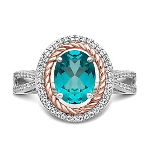 Jewelili Rose Gold Over Sterling Silver 9x7 MM Oval Cut Paraiba Topaz and Round Created White Sapphire Halo Engagement Ring, Size 7
