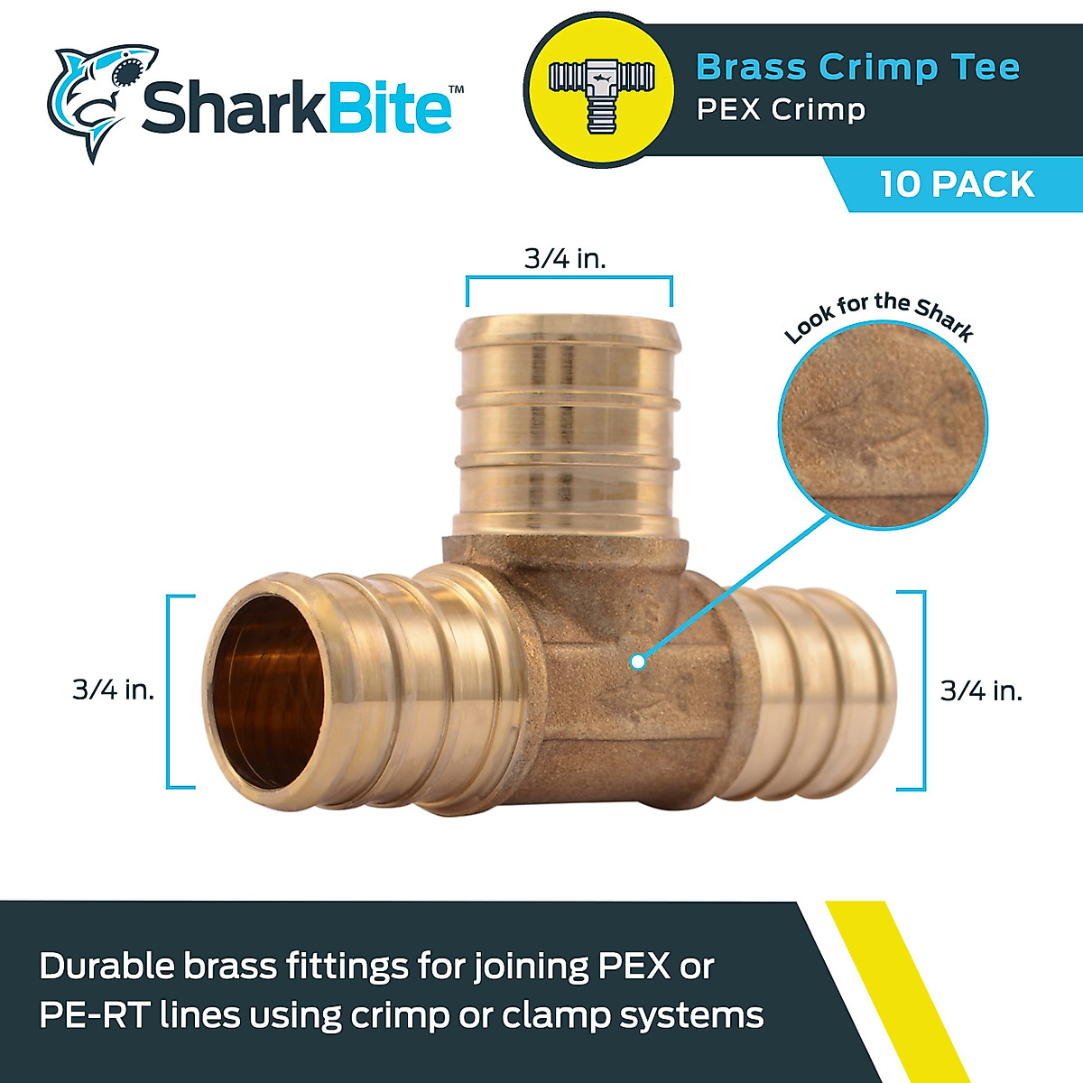 SharkBite 3/4 Inch Crimp Tee, Pack of 10, Brass Plumbing Fitting, PEX Pipe, PE-RT, UC370LFA10