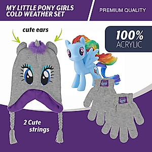 Girls Knitted Animal Beanie Winter Hat and Glove Set Purple Unicorn
