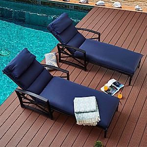 PatioFestival Patio Chaise Lounge Set of 4 Outdoor Adjustable Back Cushioned Chairs All Weather Steel Frame Lounger with Blue Pillow