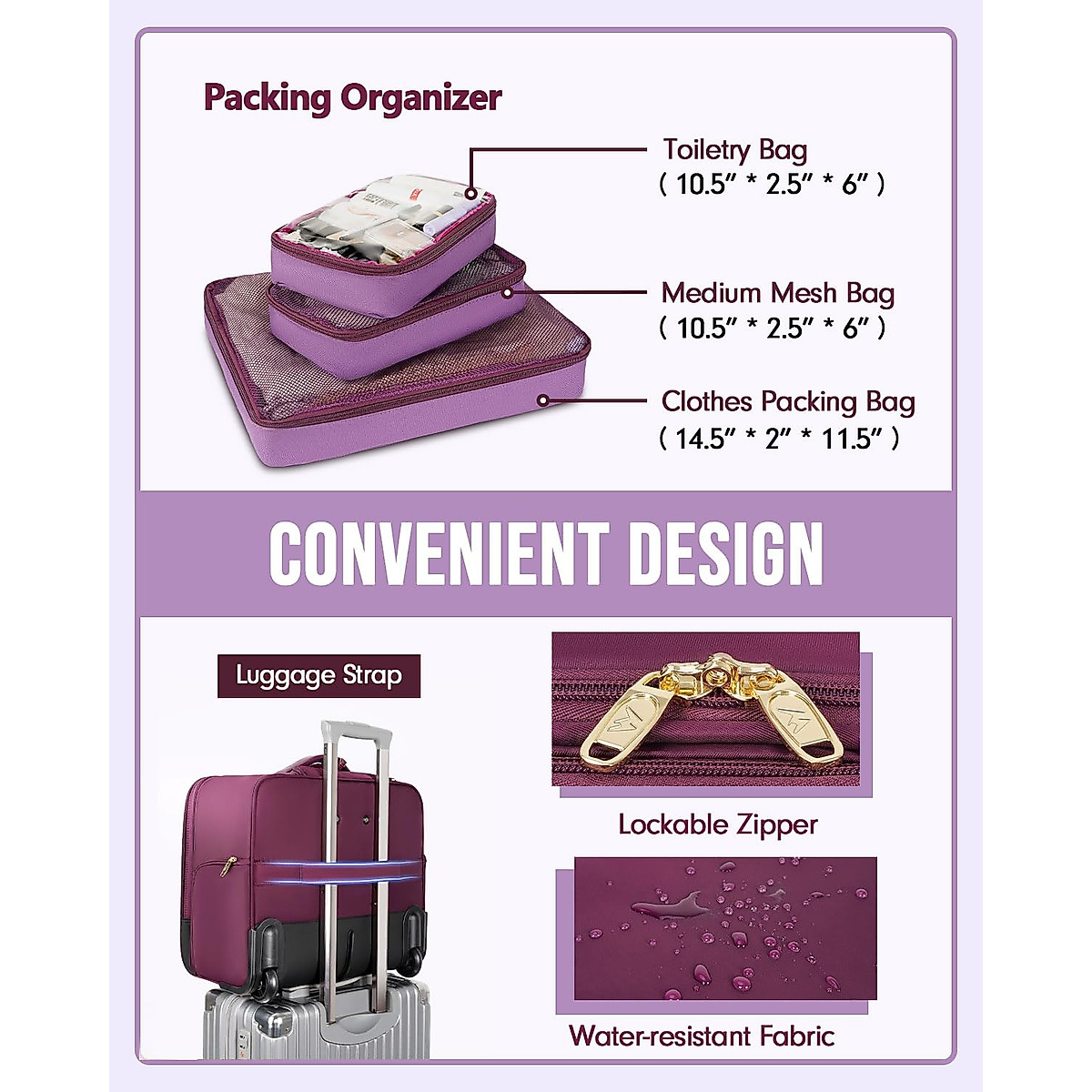 MATEIN Rolling Briefcase for Women, Large 17 Inch Laptop Travel Bag with Wheels & 3 Packing Cubes, Carry On Business Luggage Office Roller Computer Case Suitcase for Teacher College Work, Purple