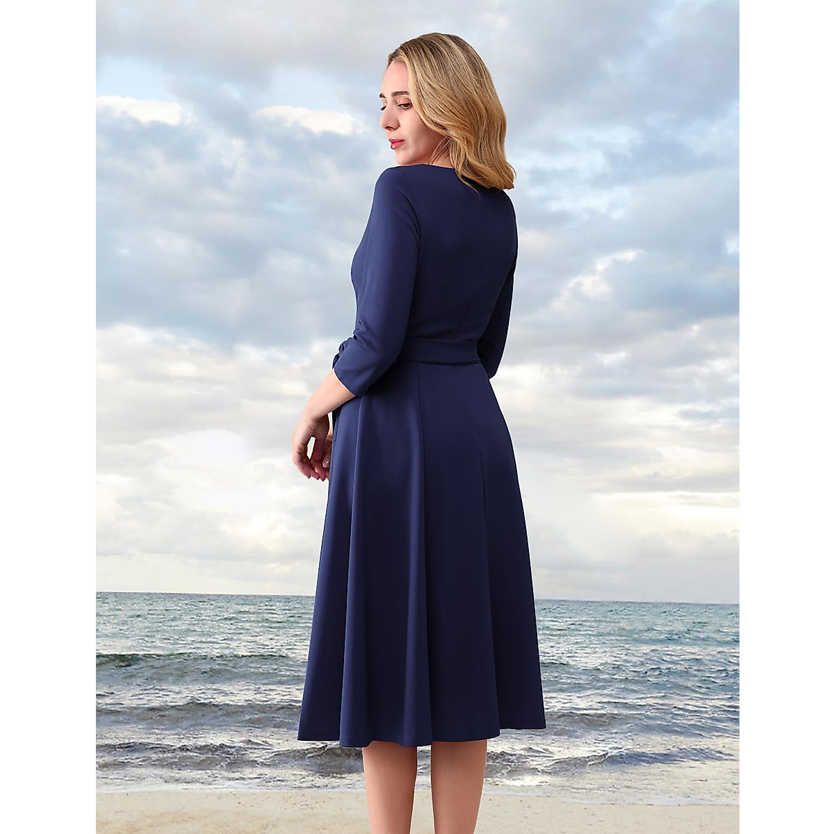 DRESSTELLS Vintage Formal Dress for Women, Wedding Guest Dresses Knee Length, 3/4 Sleeve Fit and Flare, Cocktail Casual Party Church Prom Evening, 2025 Spring, Navy L