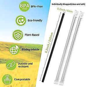 [100 Pcs] Biodegradable Compostable Individually Wrapped Straws - PLA Disposable Plant Based Black Straws (8.25" LongX0.23" Wide)