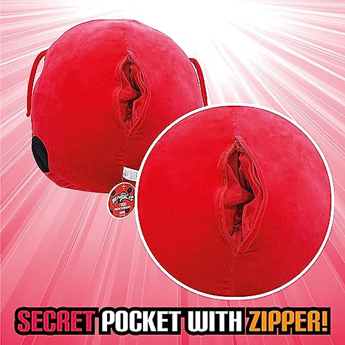 Miraculous Ladybug - Huggie Hideaway Tikki, 16.5-inch Red Plush Pillow, Super Cute Soft Stuffed Toy for Kids with Large Zipper Secret Pocket in The Back (Wyncor)