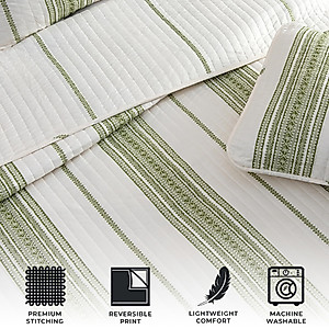 Full/Queen Reversible Quilt Bedding Set - All Season, Modern, Lightweight Bedspreads - White and Green Striped Coverlets (Includes 1 Quilt, 2 Pillow Shams)
