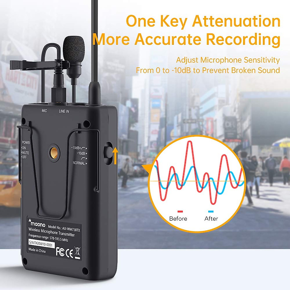 MAONO Wireless Lavalier Microphone System, Lapel Mic with -10dB Attenuation and Low Cut, Real-time Audio Monitoring, 48-Channel and Mute Compatible with Canon Nikon Sony DSLR, Camcorders(AU-WM730)
