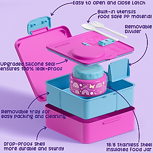 Fimibuke Bento Lunch Box with Leak Proof 8oz Soup Thermos, 60oz Lunch Container with Insulated Food Jar, 3-4 Compartments, Sauce Jar & Utensils for Kids Adult Teens Toddlers, BPA-Free, Dishwasher Safe