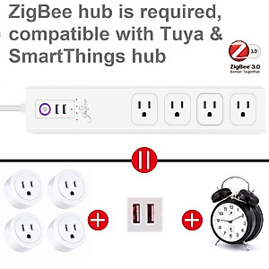 Jinvoo ZigBee Smart Power Strip 5 feet Extension Cord 10A 4 AC Individual Control 2 USB Works with Philips HUE SmartThings Echo 4th Gen Google Home hub is Required White