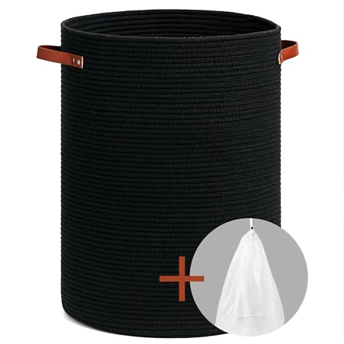 Goodpick Large Laundry Basket, 60L Tall Laundry Hamper with laundry Bag for Blankets, Clothes, Black Rope Laundry Basket for Living Room, 15 x 20 Inches