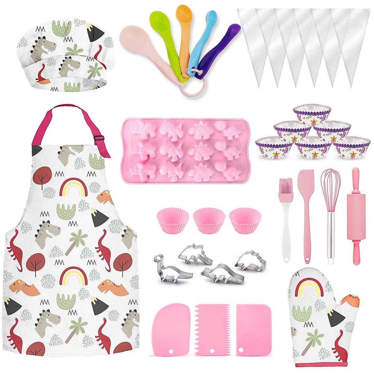 ANUXERA Kids Real Cooking and Baking Set,36Pcs Kids Chef Costume Hat and Apron Sets,Dinosaur Chef Costume for Girl, for 8-12 Year Old Girls.