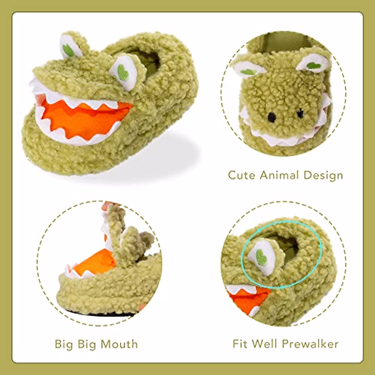 FUNCOO PLUS Green Crocodile Toddlers Fuzzy Slippers Kids Warm House Slippers Cute Animal Fluffy Slip On Home Shoes for Boys