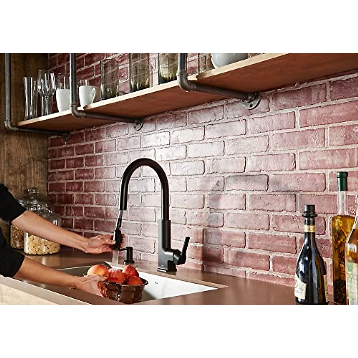 Moen Matte Black Deck Mounted Modern Soap Dispenser for Kitchen Sink with Above the Sink Refillable Bottle, 3942BL