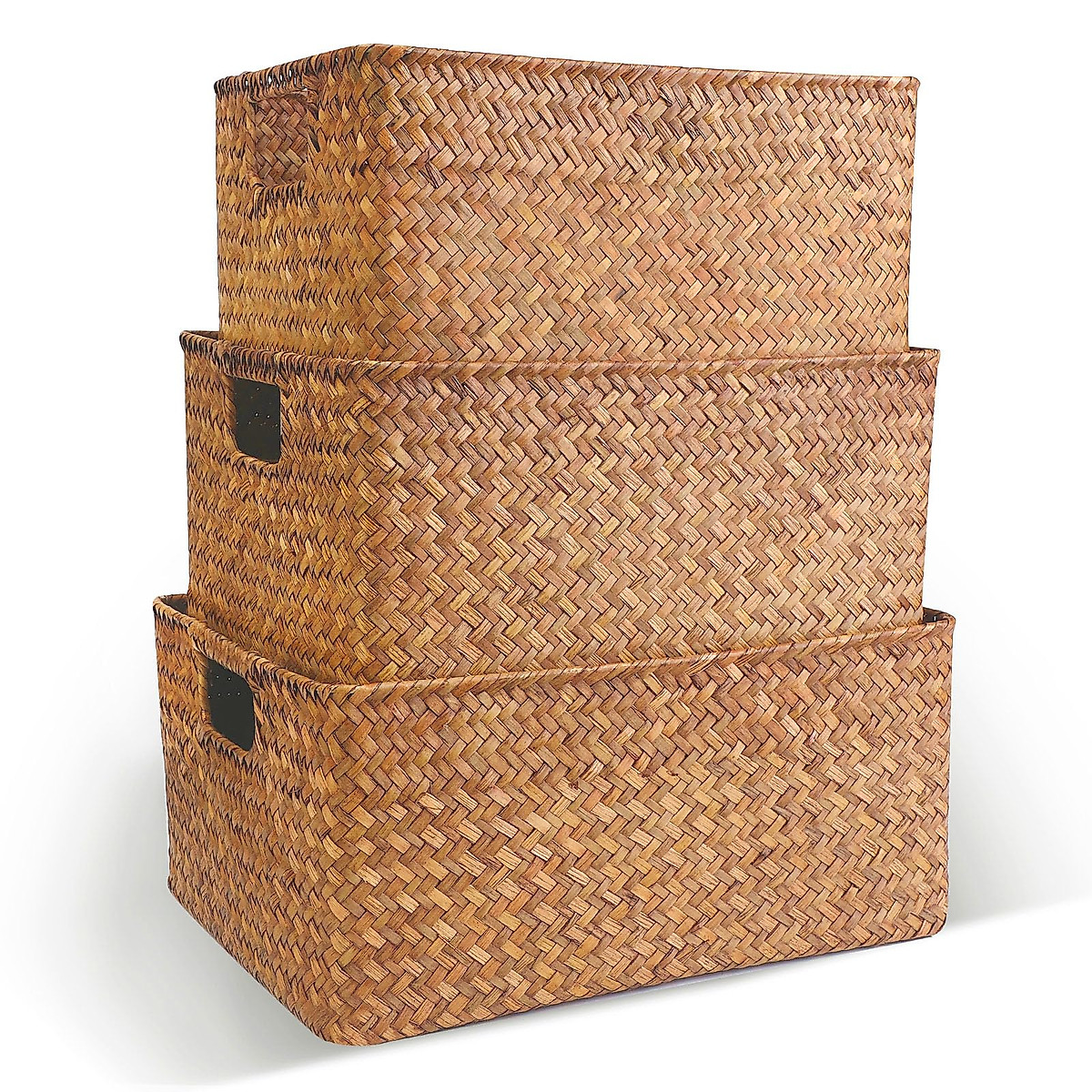 YIFANZHIBIAN Large Seagrass Storage Baskets Bin for Organizing, Rectangular Wicker Baskets with Built-in Handles Handwoven Storage Basket Boxes for Home Organization, 3-pack