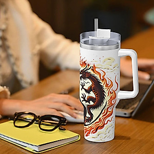 allgobee 40oz Stainless Steel Travel Mug With Handle,Yin Yang Chinese Dragon Insulated Coffee Tumbler With Lid And Straw