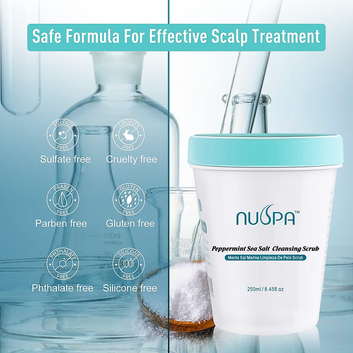 Nuspa Peppermint Sea Salt Scalp Scrub, Natural Scalp Exfoliator, Dandruff Dry Scalp Treatment Shampoo with Moisturizing Jojoba Oil and Avocado Oil, Cruelty-free