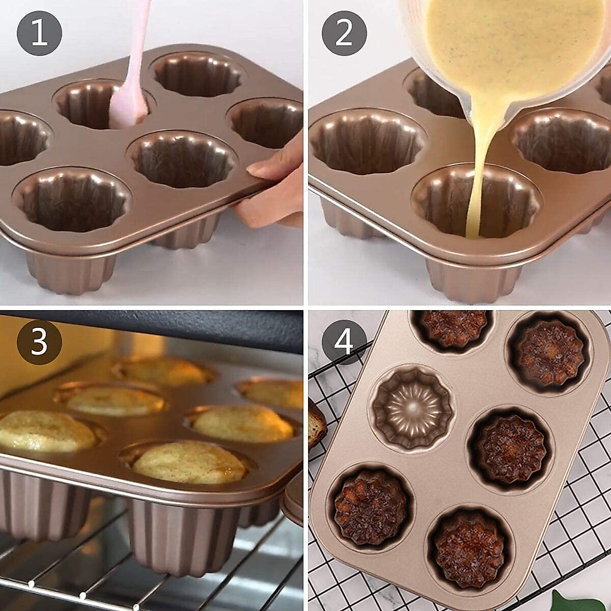 SWETON Non-stick Canele Molds Baking Pans for Cupcakes, 6Cavities Muffin Pan for Oven Baking