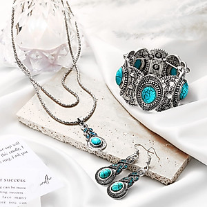 Sureio 3 Pcs Western Jewelry for Women Bohemian Turquoise Set Turquoise Pendant Necklace Western Dangle Earrings Turquoise Bracelet