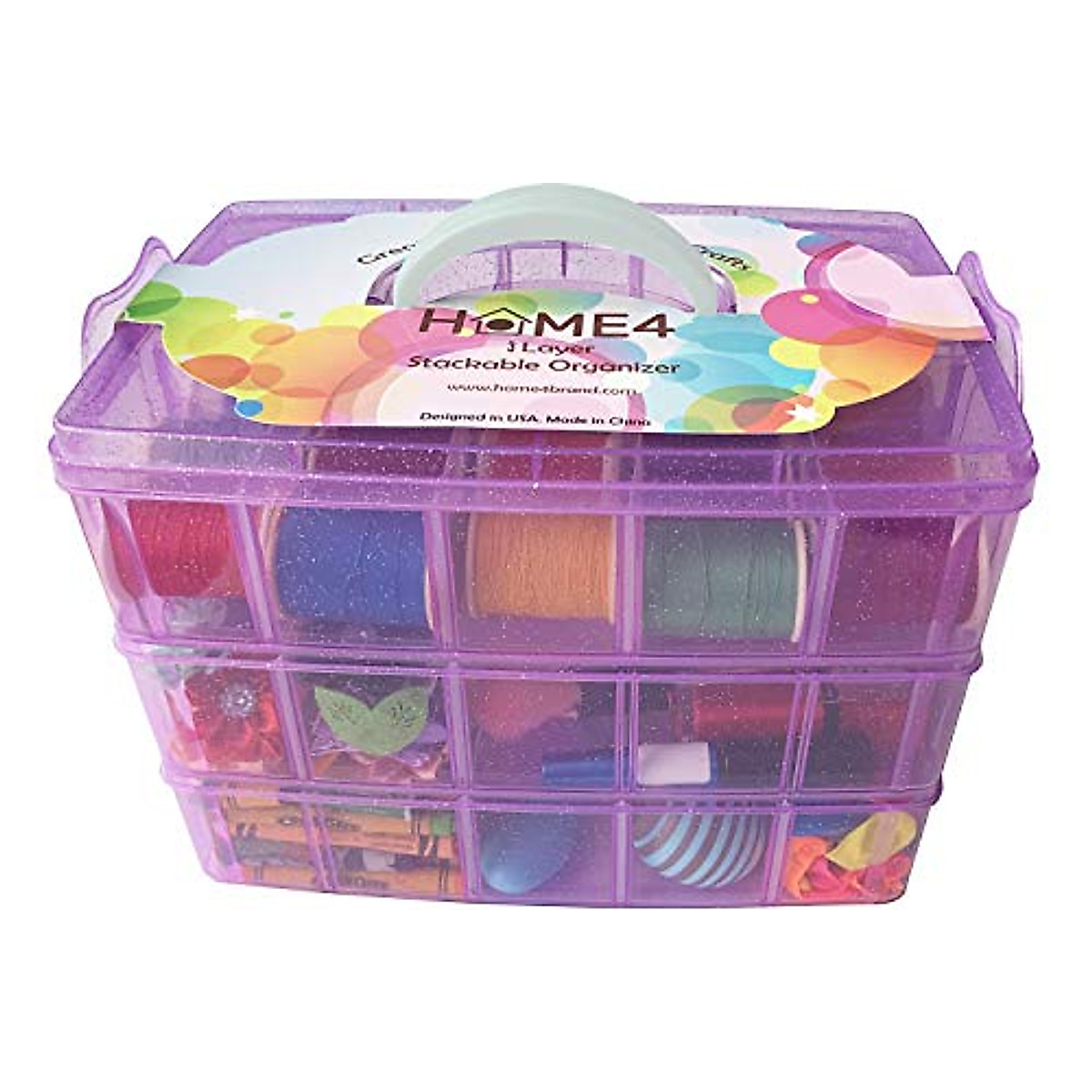 HOME4 Glitter Purple Arts & Craft Case Storage Box 30 Adjustable Compartments Dividers, Jewelry Keeper, Bead Organizer, Tools, Sewing, Thread, Hair Accessories Holder Display Container