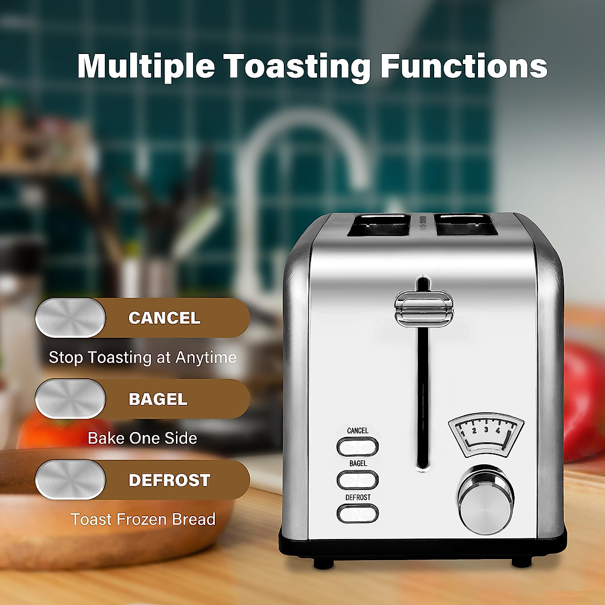 Simple Deluxe 1.5" Wide Slot 2-Slice Toaster, 5 Browning Setting and 3 Function, Retro Stainless-Steel Style, Removable Crumb Tray, Kitchen Essentials, for Bagel, Silver