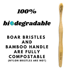 Gaia Guy Natural Bristle Bamboo Toothbrush with Boar Bristles - Totally Biodegradable and Compostable - No Nylon Toothbrushes - Zero Waste 12-Pack
