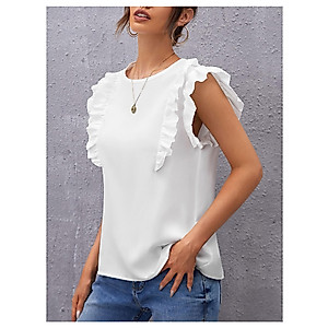 Milumia Women Elegant Ruffle Trim Butterfly Sleeve Blouse Round Neck Work Shirt Top White Large