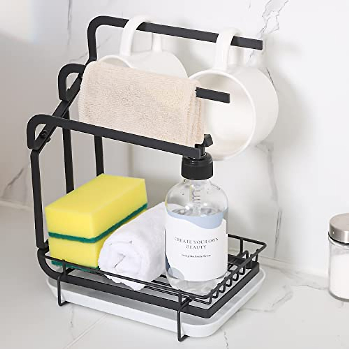 Sponge Holder with Drain Pan for Kitchen Sink Kitchen Towel Rack Sink Caddy Organizer for Dish Sponge Brush Soap Dishcloth Holder(Black)