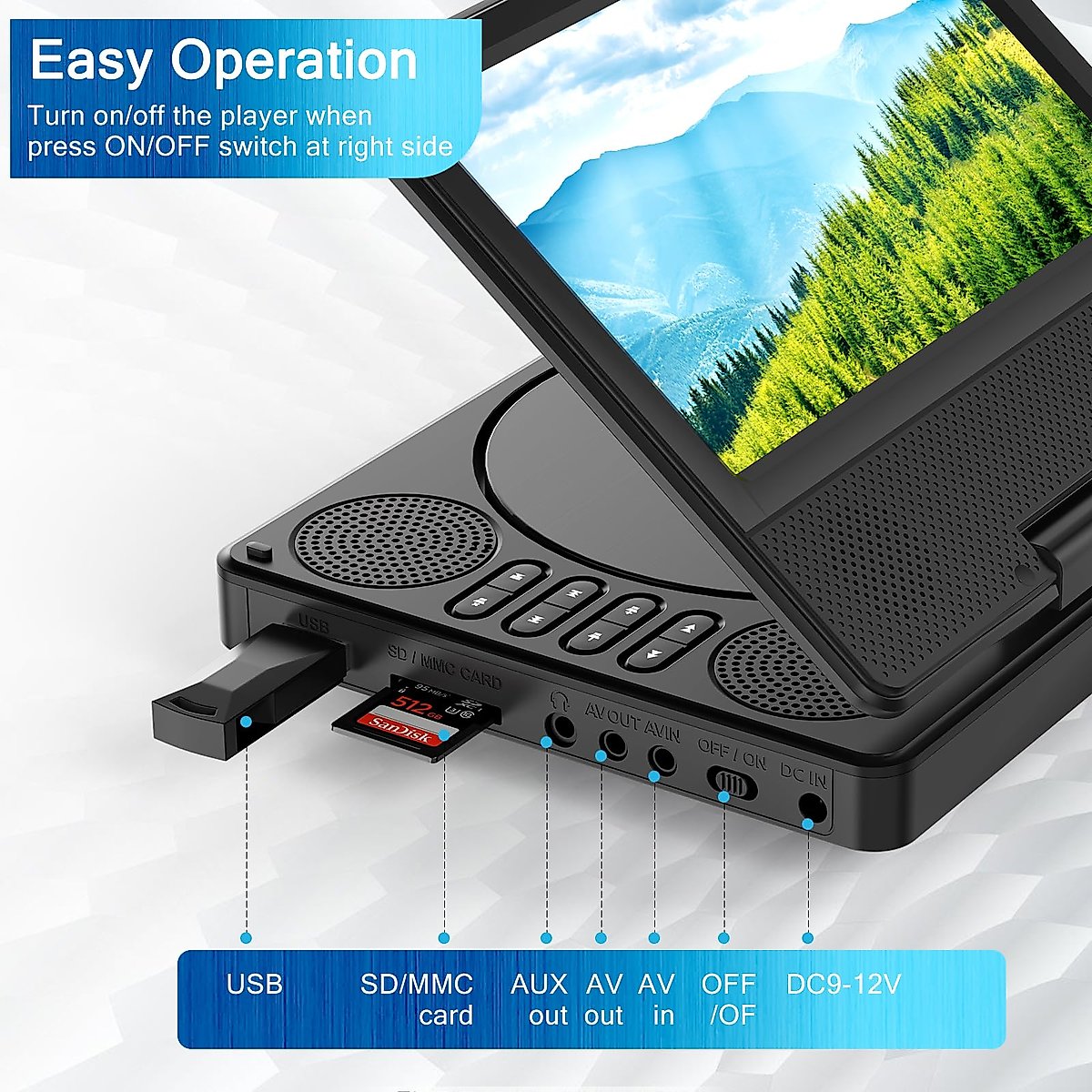 9.5" Portable DVD Player with 7.5" Swivel Display Screen, 5-Hour Built-in Rechargeable Battery, Car DVD Player,Supports SD Card/USB/CD/DVD and Multiple Disc Formats, High Volume Speaker,Black……