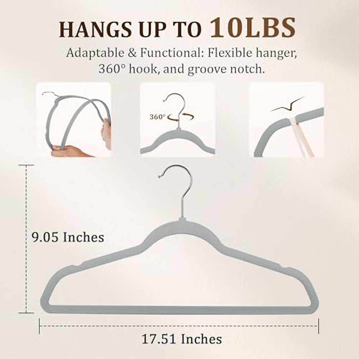 Premium Velvet Hangers 50 Pack, Heavy Duty Study Gray Hangers for Coats, Pants & Dress Clothes - Non Slip Clothes Hanger Set - Space Saving Felt Hangers for Clothing