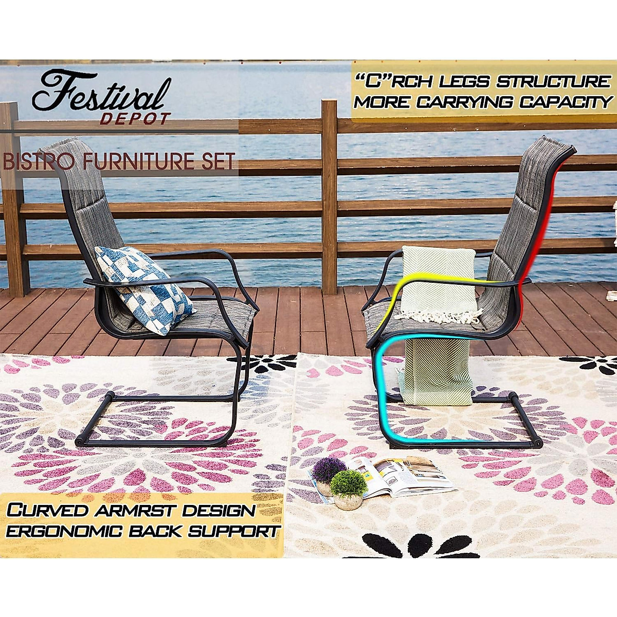 Festival Depot 2 Pieces Patio Chairs Spring Motion Textilene Weather Resistant Metal Outdoor Furniture for Lawn Garden Balcony Pool Backyard
