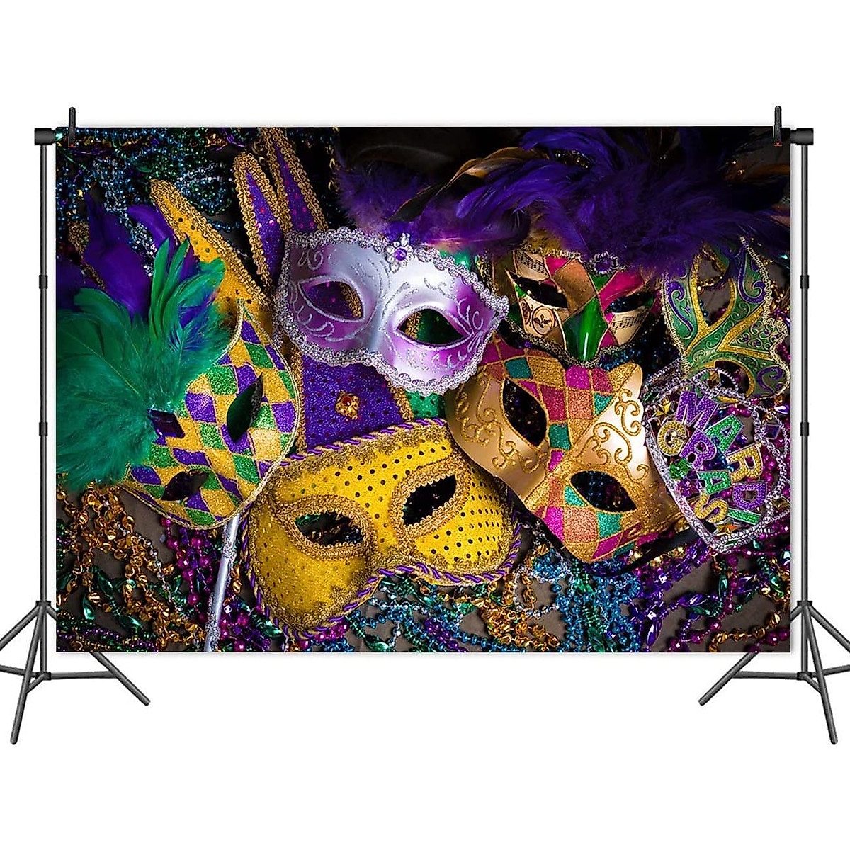 Vinyl 8X6FT Purple Green Gold Beads Masquerade Party Photography Backdrop for Carnival Fiesta Mardi Gras Dance Photo Background Supplies Children Birthday Photo Booths Props Decorations