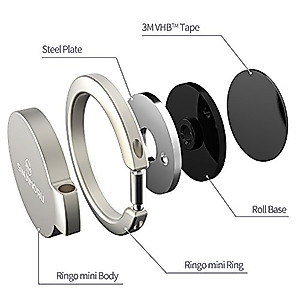 Sinjimoru Phone Ring Holder & Finger Ring Stand 360° Rotation, Phone Grip Kickstand for iPhone Attachable to Magnetic Car Mount Finger Loop for Cell Phone. Ringo Mini Metallic Black