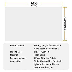 Selens 1 Yard x 67 Inch / 1M x 1.7M Diffusion Fabric, Nylon Silk White Seamless Light Modifier for Photography Lighting, Softbox and Light Tents